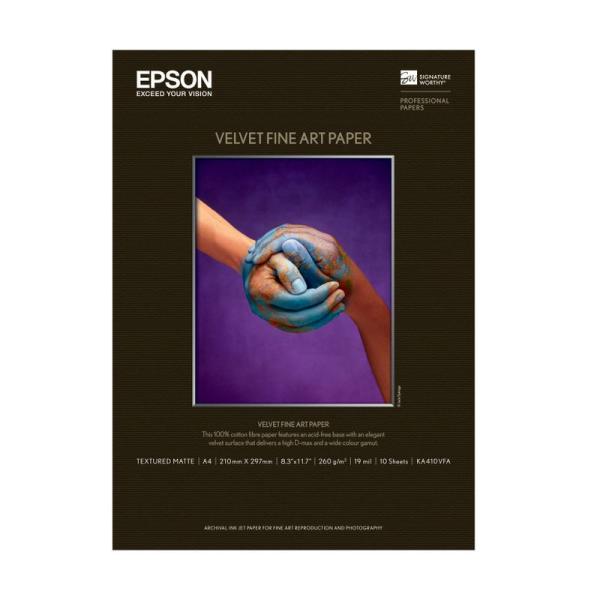 【商品名】　EPSON Velvet Fine Art Paper KA410VFA A4サイズ 10枚入り 【商品説明】　・モデル番号を入力してください これが適合するか確認：・製品概要:表面にテクスチャーを施した用紙。コントラストや、彩...