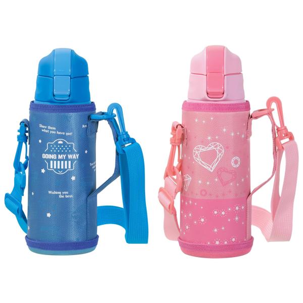 元気チャージ！お気に入りの水筒と一緒におでかけ！フタを閉めるだけ。小さなお子様でも簡単に閉められる自動ロック機構付き。<1>開閉ボタンを下げてロックを解除<2>押す <3>開ける。ポーチ底とボトル底は衝撃...