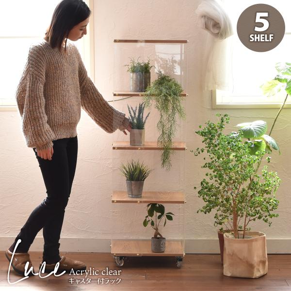 キャスター付アクリルラック【Luce（ルーチェ）】 5段ラックは、高さ約126cmで縦の空間を有効活用。透明アクリルが光を透過し、グリーンの光合成やお気に入りの雑貨のディスプレイにもぴったり。背面も側面も抜け感のあるデザインで、圧迫感なくお...