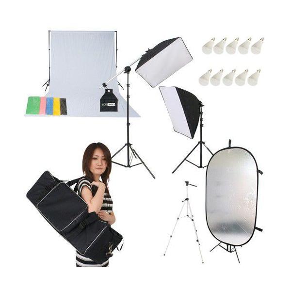 事務所や自宅がたちまち撮影スタジオに早変わり！　背景サポート付きのスペシャルな撮影機材【『すぐ撮る』ミディアムセット三脚付　撮影用LED電球照明2灯+大型レフ板＆背景サポートセット】。三脚と大型レフ板、さらに背景の色が６色選べる背景サポート...