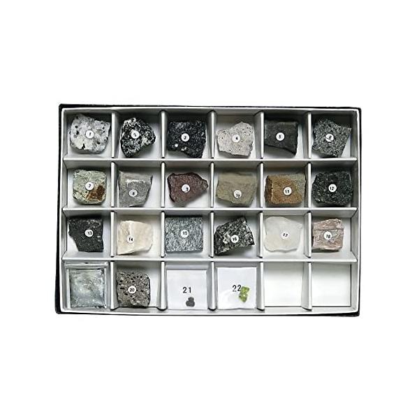 -/-/3-657-09・パッケージ個数:1・岩石・造岩鉱物標本22種・入数:1セット・内容:火成岩6種、堆積岩6種、変成岩4種、造岩鉱物6種・解説等:岩石名・産地記載