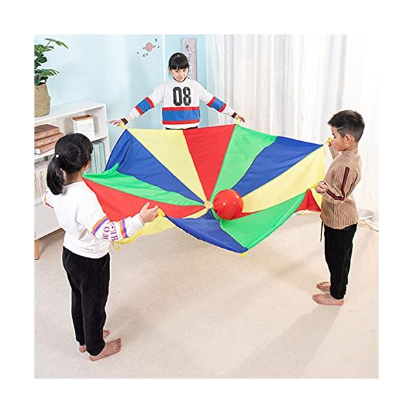 ゲーム式・主な素材：オックスフォード生地　サイズ:直径2メートル　重量：約230ｇ　機能：防水効果、持ち手8つ付き　2-8人対応できます。・みんなで一緒に遊べるプレイパラシュートです。ハンドルを持ち、音楽に合わせて上下に動かす等により、遊び...