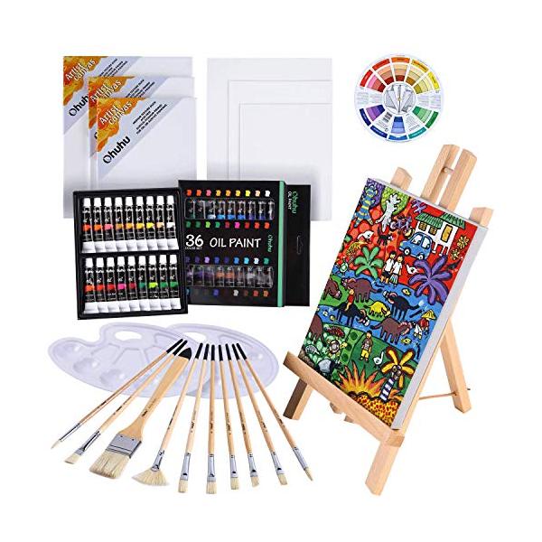 【初心者にも学校教材にも最適】[セット内容] 油絵具 x36色（12ml）、木製イーゼル x1個、張りキャンバス x3枚（サイズ：20x25cm、22x30cm、28x35cm）、ボールドキャンバス x3枚（サイズ：20x25cm、22x3...