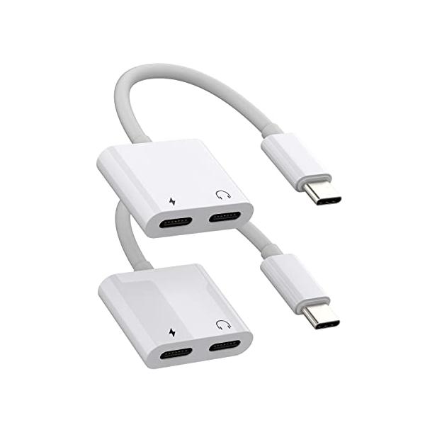 タイプc イヤホン変換 アダプタ（2パック）2in1同時 DAC USB C きゅうそく充電 二股 ジャック変換器たいぷc オーディオ マイク接続あだぷたー人気のType-c AUX ヘッドフォン アダプター ケーブル すまほ あいぱっど ...