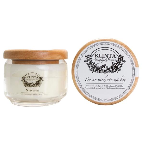 蓋付きでお得な大きいサイズです。キャンドルに火を灯し、溶け出したオイルでお肌をマッサージ。スウェーデンのKLINTAから、ハンド&amp;ボディマッサージキャンドルが届きました。温かいオイルでマッサージすることで、しっとりと肌を柔らげ、立ち...
