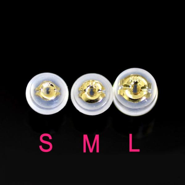 材質：18金ホワイトゴールド、18金イエローゴールド、18金ピンクゴールド、シリコンサイズ：高さ4.2mm　直径5.6mm キャッチ：ダブルロックキャッチ 備考：こちらの商品は、0.7〜0.9mm芯対応商品です。「落ちにくい」と話題のピアス...