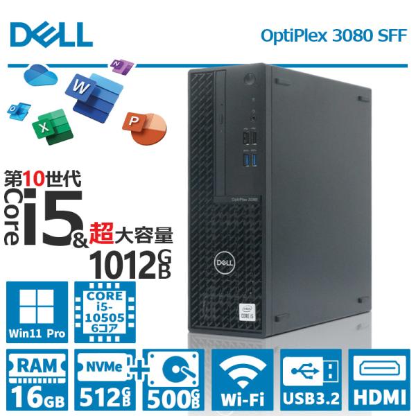 商品名：OptiPlex 3080 SFFCPU：インテル 第10世代 Core i5-10505メモリ：16GBストレージ：M.2 SSD 512GB + HDD 500GBOS：Windows 11 Pro 64Bit端子：USB 3....