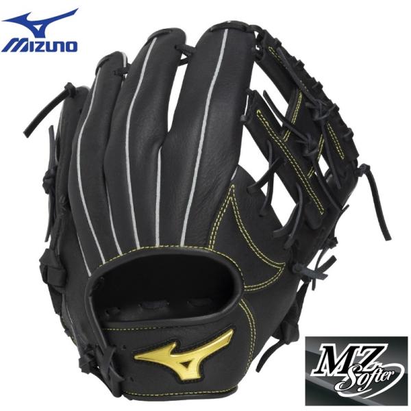 柔らかくすぐに使えるグラブ！軟式用Mz Softerオールラウンド用：サイズ9・フレキシブルウェブカラー09：ブラックポジションオールラウンド用素材受球面／背面：天然皮革（牛革）軟式硬式区分軟式用投げ手右投げ用グラブサイズ9