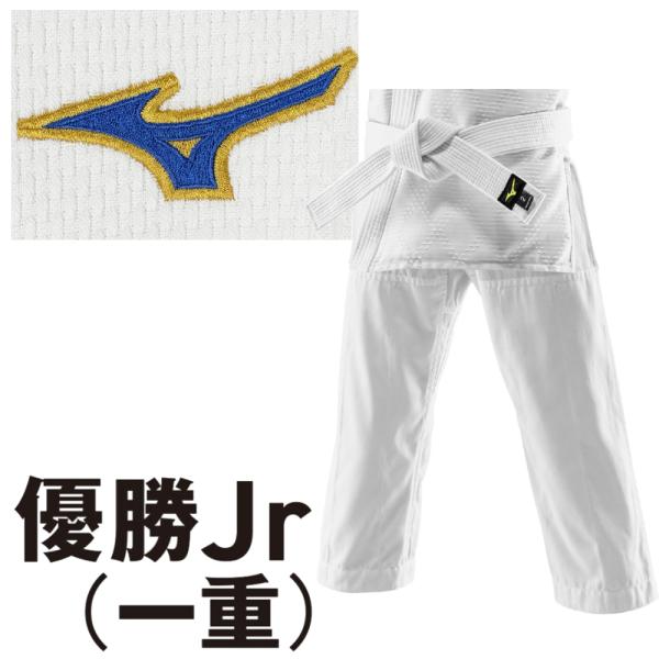 『優勝Ｊｒ(一重)』ズボンのみ背継一重織のジュニアモデル柔道着。90・100・110・120サイズはサイドゴム入り素材：綾織地 ポリエステル65％・綿35％ロゴマーク：青×フチ金インドネシア製『検索ワード』 ズボン パンツ 下衣 judo-...