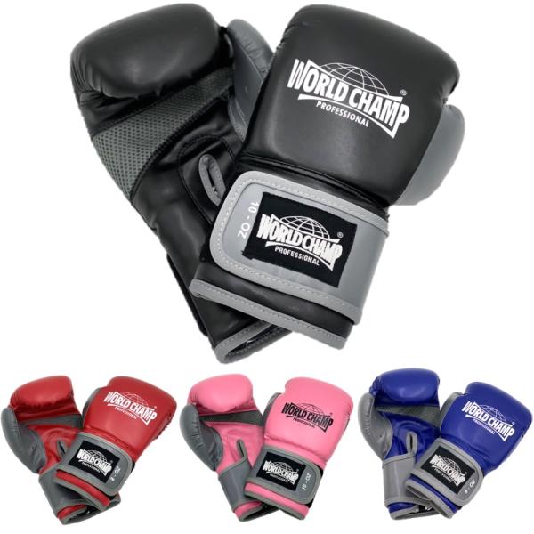 ワールドチャンプ　トレーニングボクシンググローブ・フィット感を重視したワールドチャンプトレーニンググローブです。・ベルクロタイプで使いやすいです。 ・サミング防止機能。・COOLMAX使用、通気性機能材質合皮カラーレッド(RED)ブラック(...