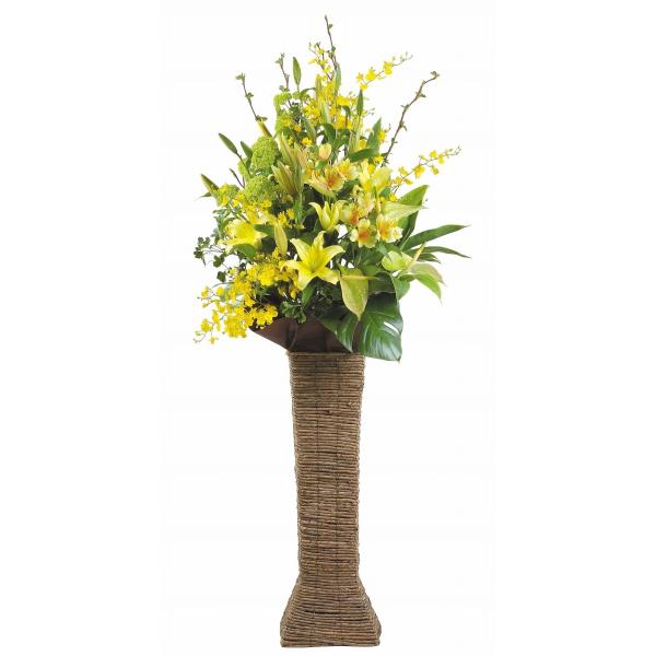 スタンドバスケットAスタイル：スタンド花主なご用途：開店・開業・移転祝いモダンなスタイルのスタンドバスケット。通常のスタンド花とは少し違うスタイルが人気です。※１段のスタンド花は他の色でもお作り致します。ご相談下さい。このお花のサイズは高さ...