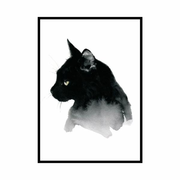 黒のペイントで描かれた猫。白い余白が程よい緊張感を生み、ディティールでは、ペイントらしい濃淡のあるグラデーションが味わいのあるシルエットを形作っています。可愛さが先行しがちな猫のモチーフの中で、モダンさが際立つ一枚です。----------...