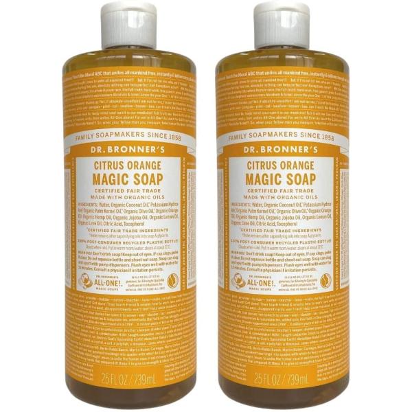 商品名　ドクターブロナー マジックソープ内容量　946ml×2本セット・シトラスオレンジの香り　946ml×2本セット・天然由来成分100％のオーガニックソープ。・毛穴の黒ズミまで溶かすのにつっぱらず、モデルのようなすべすべ美肌に。・単純な...