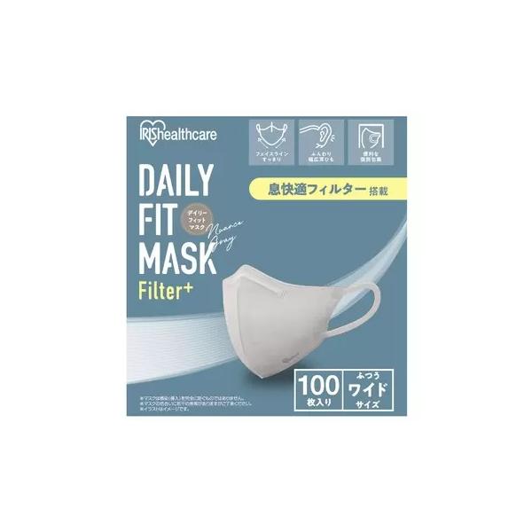 商品名　アイリスオーヤマ デイリーフィ ットマスク ニュアンスグレー Mサイズサイズ　Mサイズワイド ふつう　WIDE  100 枚カラー　ニュアンスグレー・空気清浄機の帯電技術を応用し、従来品と比べて息のしやすさが約50%改善しました。※...