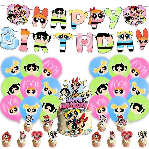 世界中で大人気！あの「パワパフガールズ（Powerpuff Girls）」の可愛い飾りがセットに♪ブロッサム・バブルス・バターカップの3人が、あなたのバースデーパーティーを元気いっぱいに彩ります！ガーランド・ケーキトッパー・カップケーキピッ...