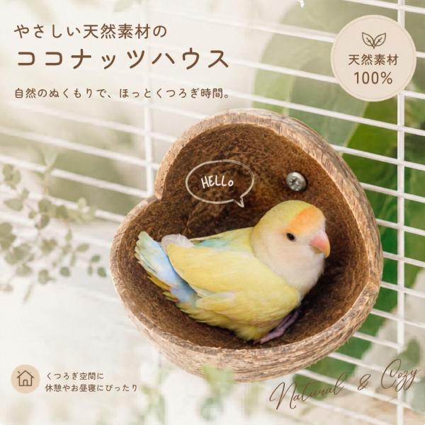 天然ココナッツ素材を使用した、小鳥用の吊り下げハウスです。丸みのあるやさしい形状で、小鳥が安心してくつろげる空間を作ります。鳥かごに簡単に取り付けできる吊り下げタイプ。止まり木付きで、遊び場や休憩スペースとしてもおすすめです。ナチュラルな風...