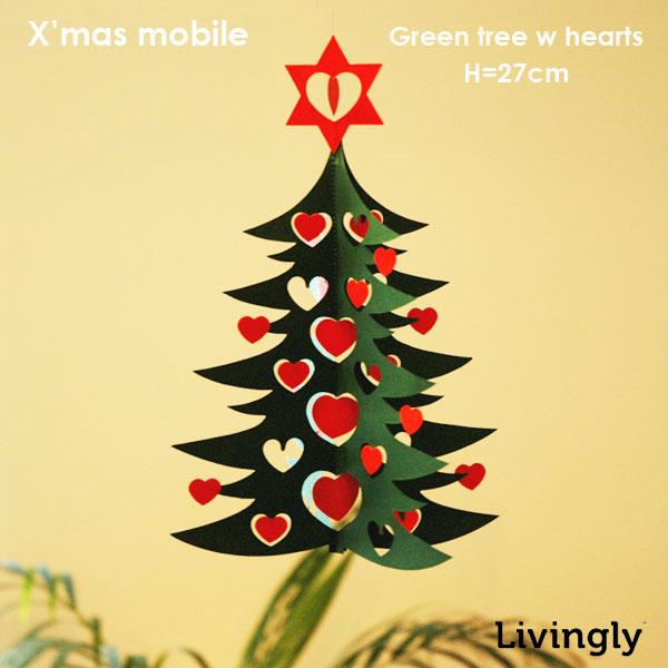 クリスマスツリーの北欧のモビール■商品名：ハートのクリスマスツリーGreen tree w hearts double27cm■カラー：グリーン、レッド■ブランド：Livingly（リビングリー）■デザイナー：クヌードセン夫婦■寸法：約W1...