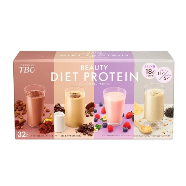 ●選べる4つの味の32食入・ココア ×8食・カフェオレ ×8食・ベリー ×6食・黒ゴマきな粉 ×10食●イソフラボンを含むソイプロテイン配合。●たんぱく質量は1食におすすめ※1の18g※2●不足しがちな栄養素を種類豊富に配合。・ビタミン11...