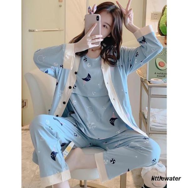 女性用パジャマ 妊婦パジャマ マタニテ 妊娠用パジャマ 3点セット 長袖上着とパジャマ上下3点セット 長袖上着　半袖パジャマ　パジャマ長ズボン サイズ調節可能 マタニティウェア 妊娠期 産前産後 授乳服 授乳口付き ルームウェア ホームウェ...