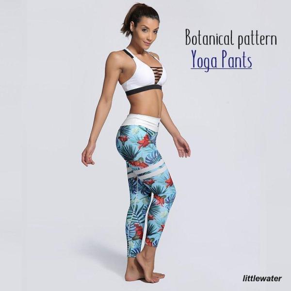 ホワイトのラインとボタニカル柄がおしゃれ?ヨガをはじめ、フィットネス、ジョギング、トレーニング、ランニング、ウォーキング等のスポーツや日常生活でもご使用いただけるヨガパンツです。【素材について】ポリエステル