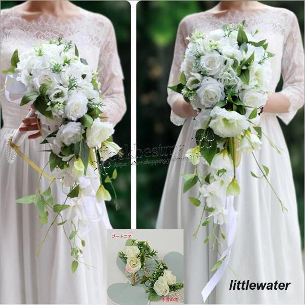 ●可愛らしいローズのブーケです。贈答品やインテリアに最適です。●セット内容：ウエディングブーケ●サイズ：直径約30cm 写真参照（手作りのため、サイズは多少前後します。）●花束形：ラウンド型