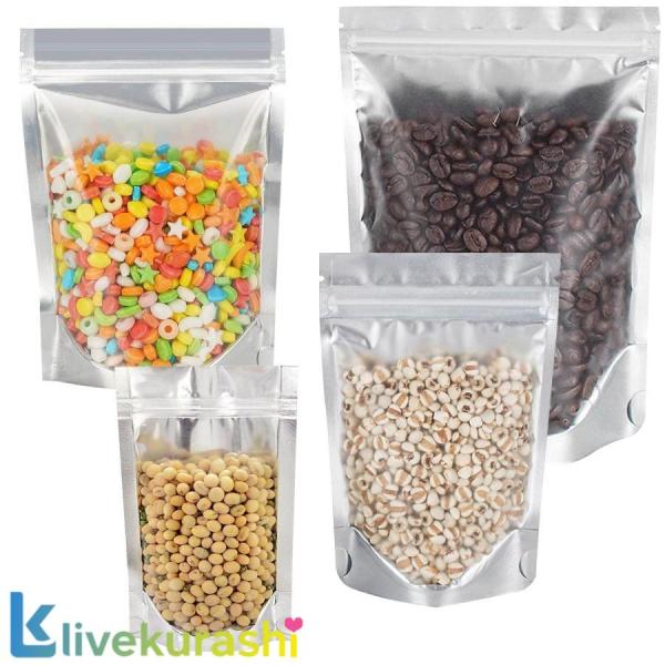 ?【大容量の真空パックセット】アルミ袋セット内容：50枚入。様々なニーズに合わせてサイズをご自由に選択できます。チャック付き自立タイプのアルミ保管袋ですので、開け閉め自在でワンタッチで密封できます。ホコリと汚れを防止したり、防水・防湿・防カ...