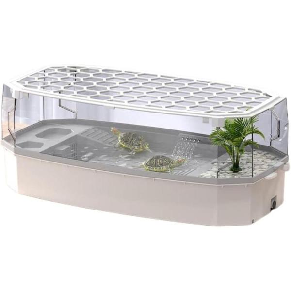 【多機能デザイン】：この亀のケージには日光浴台と風景造りの別荘が付属しており、快適な家庭環境を提供し、ブラジルカメやワニガメなど様々な種類の亀を飼育するために適しています。それは飼育箱だけでなく、ユニークな家庭の装飾品でもあります。【脱走防...