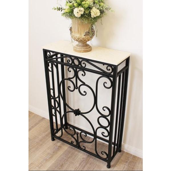 【メーカー直送品：代引不可/同梱不可】アイアン細工のデザイン工房から直輸入されたお洒落なコンソールです。トップは大理石仕上げになっており、わざと傷をつけたようなアンティーク調の仕上げです。アイアン部分は熟練職人のハンドメイド、ハンドペイント...