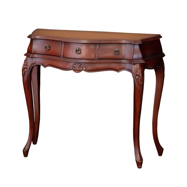 天板はレザー調の特殊な仕上げになっておりますので、高級感があります。ネコ脚、手彫り仕上げ、引出内部の底はフェルト貼りなど、細部にまで工夫を凝らしております。玄関やリビングで。         ●カラー：ブラウン●サイズ：W90×D41×H7...