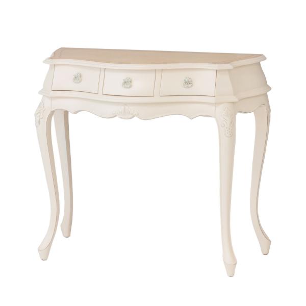 天板はレザー調の特殊な仕上げになっておりますので、高級感があります。ネコ脚、手彫り仕上げ、引出内部の底はフェルト貼りなど、細部にまで工夫を凝らしております。玄関やリビングで。         ●カラー：ホワイト●サイズ：W90×D41×H7...