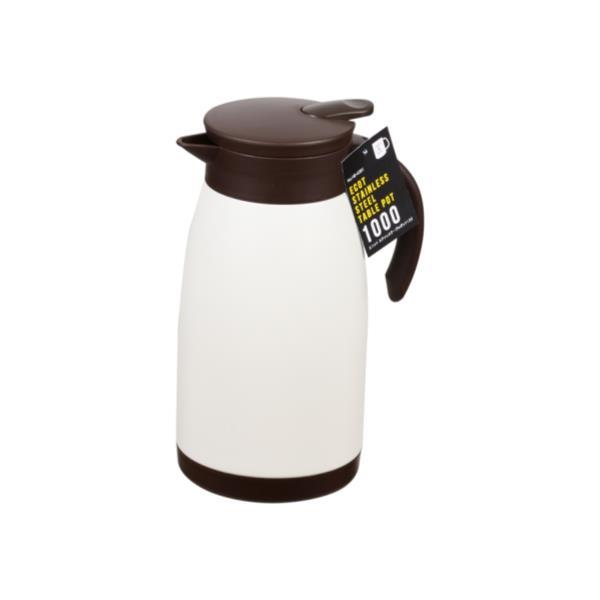 品番：HB-4381 エコット ステンレステーブルポット1.0L商品仕様：●製品サイズ(約)/幅145x奥行110x高さ225mm ●重量(約)/515g ●材質/本体内側：18-8ステンレス鋼、本体外側：ステンレス鋼(焼付け塗装)、口がね...