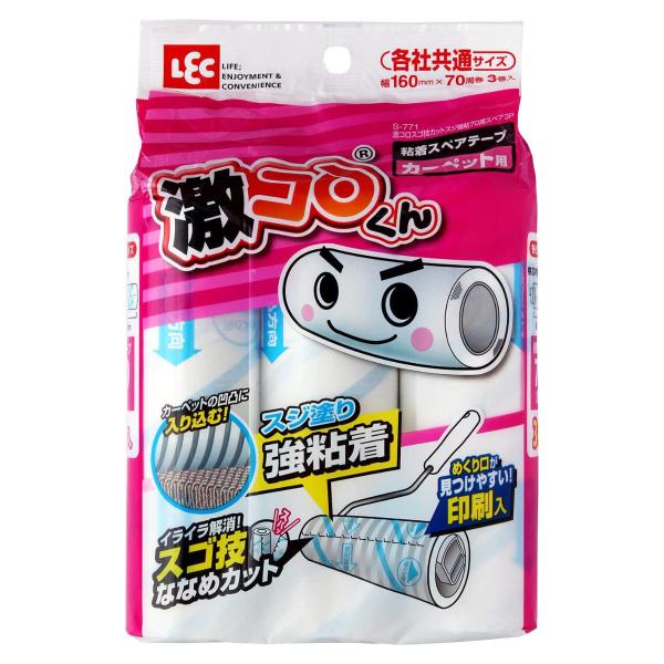 サイズ/約幅16cm×70周巻内容量/3巻入材質/テープ：粘着加工紙生産国/中国製●スパっと切れるスゴ技ななめカットのスペアテープです。●カーペットの凹凸に入り込む、スジ塗り強粘着タイプです。●めくり口がわかりやすい「めくり側お知らせ矢印」...