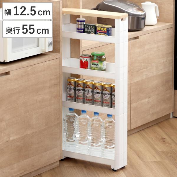 サイズ/約幅12.5×奥行55×高さ97.4cm内容量/1台材質/本体：ポリプロピレン天板：プリント化粧パーチクルボード生産国/日本製キャスター/付き耐荷重/天板：約3kg以下上段：約4kg以下中段（上）：約4kg以下中段（下）：約6kg以...