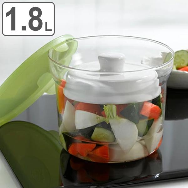 サイズ/約幅16.7×奥行16.7×高さ13.2cm重量/約1110g容量/約1.8L内容量/1個材質/本体：耐熱ガラスフタ：ポリプロピレン重石：磁器生産国/中国製食器洗い乾燥機/使用可能電子レンジ/使用可能●手軽に漬物が作れる重石付き一夜...