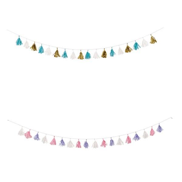 パーティーや女子会で大活躍のタッセルガーランドです。思い出に残るディスプレイが楽しめます。インテリアにもピッタリです。【商品詳細】 サイズ/タッセル長さ：11 ひも長さ：200cm 内容量/1個 材質/紙 カラー/ブルー、ピンク 生産国/中...