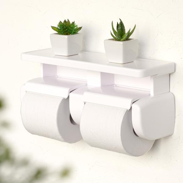サイズ/約幅33.6×奥行10.2×高さ14.5cm内容量/1個材質/本体、フタ、フック：ABS樹脂シャフト：ポリプロピレンバネ：鋼重り：鉄生産国/中国製●シンプルなデザインのトイレットペーパーホルダーです。●棚付きなので小物置きにも便利で...