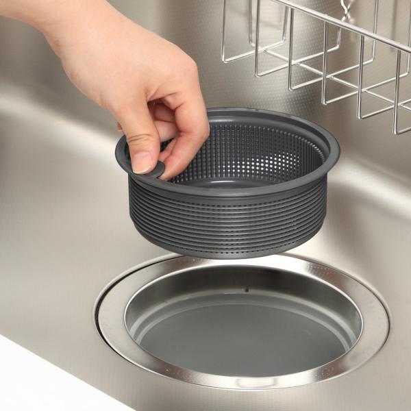 サイズ/約高さ5cm直径：約13.5cm重量/約42g内容量/1個材質/ポリプロピレン（抗菌剤・防汚材入り）●抗菌・ヌメり防止加工を施した、プラスチック製の流し用ゴミかごです。●浅型なので溜まったゴミが捨てやすく、こまめにお手入れできてキッ...