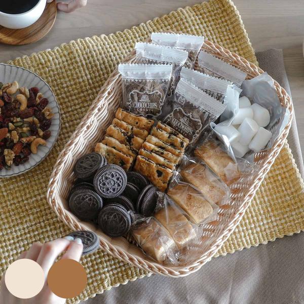 サイズ/約幅31×奥行22.5×高さ7cm重量/約160g内容量/1個材質/ポリプロピレン種類/ビスケット、キャラメル耐熱温度/100度電子レンジ/使用可能●丸洗いOK・電子レンジ使用OKの、ポリプロピレン製バスケットです。●上品な籐のカゴ...