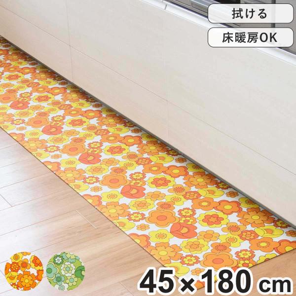 サイズ/約横180×縦45cm厚さ：約0.5cm内容量/1枚材質/塩化ビニル樹脂種類/オレンジ、グリーン生産国/中国製洗濯/不可床暖房/ホットカーペット/対応滑り止め/加工なし●大きな花柄と鮮やかな色合いがキッチンの空間を昭和レトロな雰囲気...