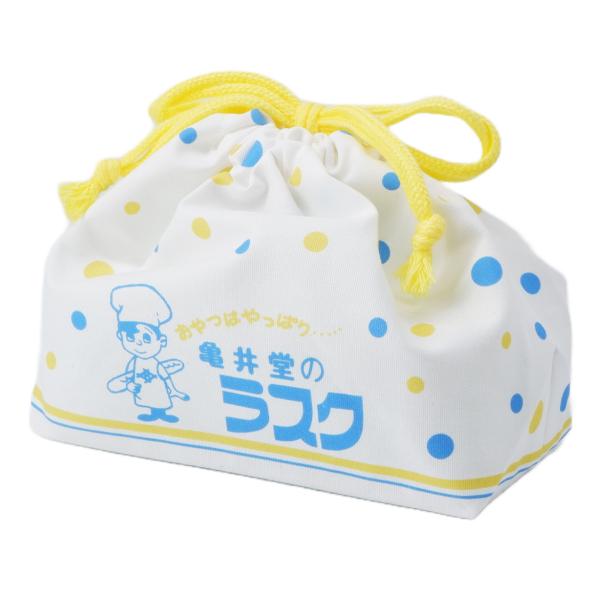 サイズ/約幅27.5×奥行10×高さ17cm重量/約34g内容量/1個材質/本体：綿100%ヒモ：アクリル100%生産国/日本製●懐かしくて可愛い亀井堂のラスクがプリントされた巾着袋です。●大きなマチでお弁当箱を入れても、安定します。給食 ...