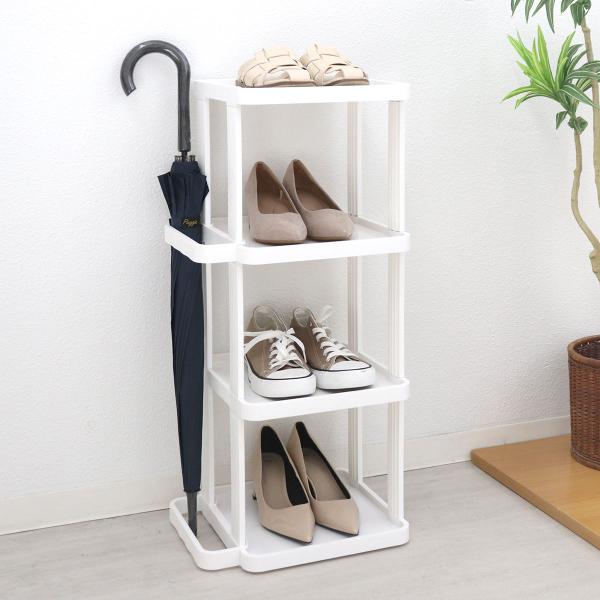 サイズ/約幅33.8×奥行29.6×高さ75cm内容量/1台材質/ポリプロピレン生産国/日本製組立状態/お客様組立品●靴や傘をまとめて収納できる4段のシューズラックです。●オープンラックなので掃除がしやすく組み立ても簡単です。シンプル ホワ...