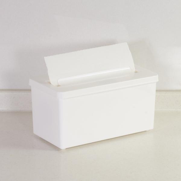 サイズ/約幅27×奥行14.5×高さ14.5cm重量/約405g内容量/1個材質/本体、ふた、ホルダー：ポリプロピレン脚キャップ：熱可塑性エラストマー生産国/日本製耐熱温度/80度●ペーパータオル類をスッキリ収納できるボックスです。●ホルダ...