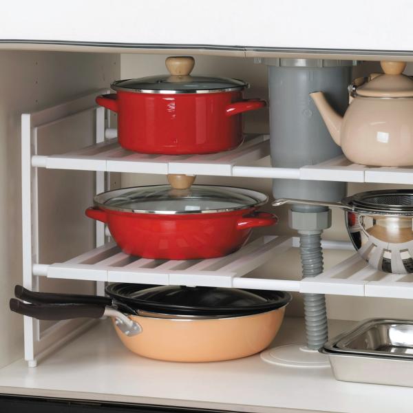 サイズ/約幅46〜73.5×奥行39.5×高さ40cm重量/約1.7kg内容量/1個材質/サイドフレーム、リング、フック：ポリエチレン棚板：ポリプロピレン伸縮パイプ：鉄（ＡＢＳ樹脂コーティング）スベリ止め：シリコーンゴム生産国/日本製パーツ...