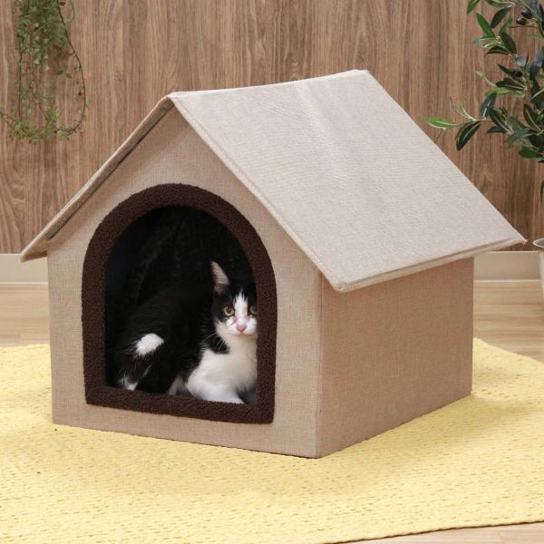 サイズ/約幅53×奥行59×高さ49.5cm折りたたみ時：約幅44×奥行58×高さ6cm重量/約3.2kg内容量/1個材質/MDF、ポリエステル、ウレタン種類/グレー、ベージュ●三角屋根がかわいいシルエットのペットハウスです。●落ち着いたカ...