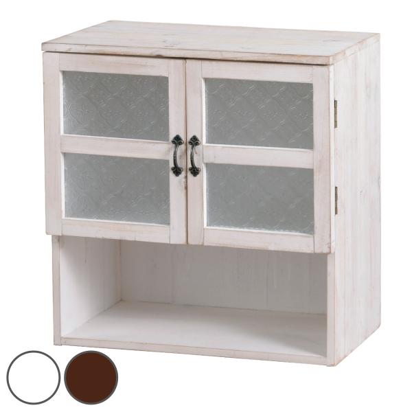 サイズ/約幅33×奥行19×高さ34.5cm内容量/1台材質/ウッド、アイアン、ガラス種類/ホワイト、ブラウン生産国/中国製●木のナチュラルな素材感とアンティークな風合いが感じられるラックです。●レトロ感のある花柄ガラスがアクセントになって...