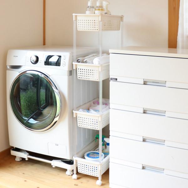 サイズ/約幅25×奥行46.5×高さ123.8cm内容量/1台材質/トレイ・キャップ：ポリプロピレン支柱：ポリスチレン生産国/日本製キャスター/付き組立状態/お客様組立品●バスタオルやバスローブなどサニタリー用品の収納に便利なバスケットワゴ...