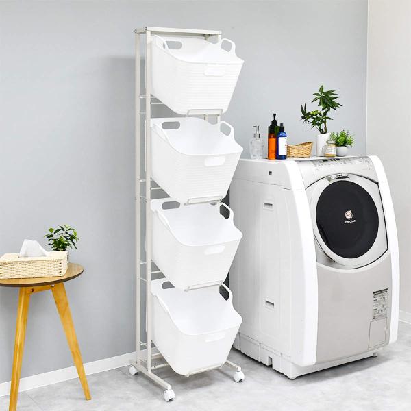 サイズ/約幅40.5×奥行63×高さ166cmバスケット1個あたり：約幅36×奥行46×高さ30cm重量/約9.7kg内容量/1台材質/本体：スチール（メラミン焼付塗装）天板：ボンデ鋼板バスケット：ポリエチレン生産国/日本製キャスター/付き...