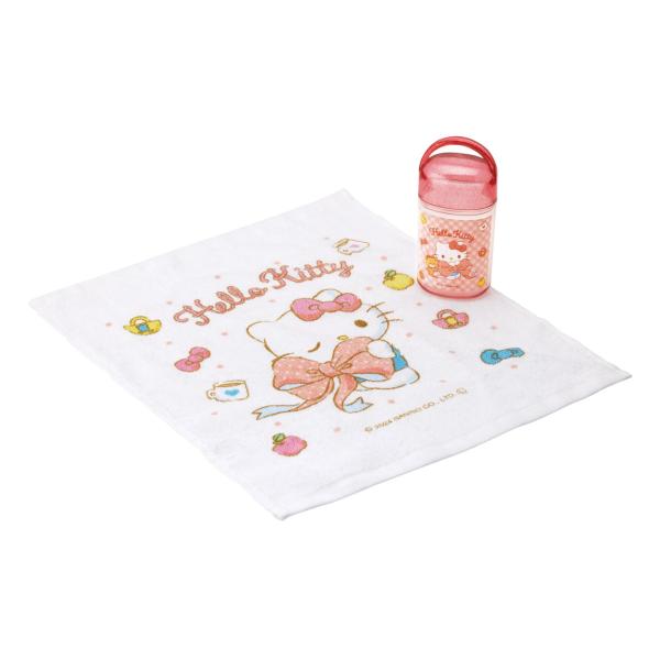 サイズ/おしぼり：約横28×縦32cmケース：約横5.8×奥行4.4×高さ12.5cm重量/約65g内容量/1個（ケース、おしぼり、名前シール）材質/ケース：AS樹脂おしぼり：綿100％生産国/中国製耐熱温度/100度●キティの抗菌加工が施...