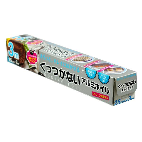 サイズ/25cm×3m内容量/1本材質/アルミニウムはく、シリコーン樹脂生産国/中国製●食品がつきにくく、サラッとはがせるのでオーブン料理や包み焼きに最適です。●鉄板などの調理器具を汚さないので、後片付けが簡単です。●熱に強いので、フライパ...