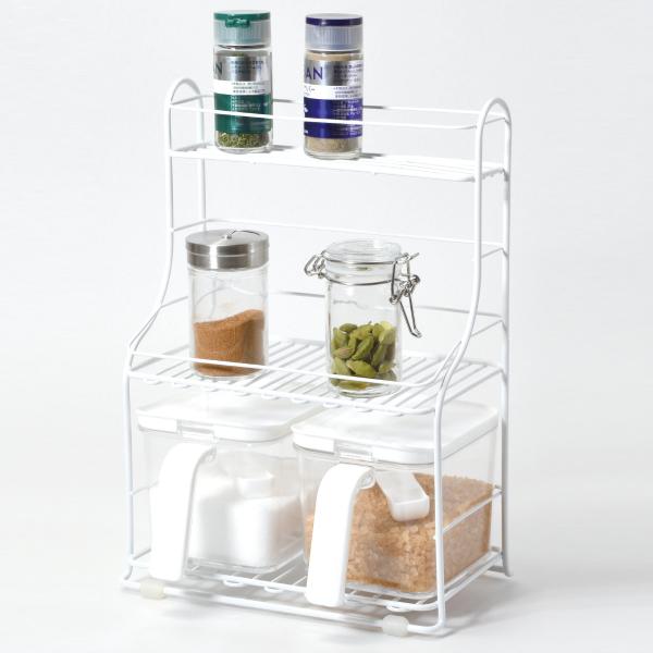 サイズ/約幅21×奥行16×高さ30cm重量/約685g容量/ストッカー：640ml内容量/ラック：1個、ストッカー：2個付属品：スプーン材質/ラック：鉄（エポキシ樹脂塗装）ストッカー：ポリスチレンスプーン：ポリプロピレンすべり止め：シリコ...